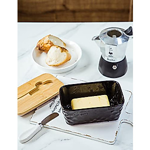 Large Butter Dish with Lid for Countertop Porcelain Butter Container with Knife Double Silicone Seal Butter Dishes with Covers Perfect for West or East Coast Butter, Unique Stone Pattern Black