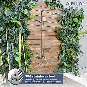 Airuida SUS304 Outdoor Shower Fixture Brushed Nickel Exposed Shower Faucet Combo Set Single Handle 8 Inch Thicken Rainfall Showerhead With Handheld Spray Wall Mount Dual Functions