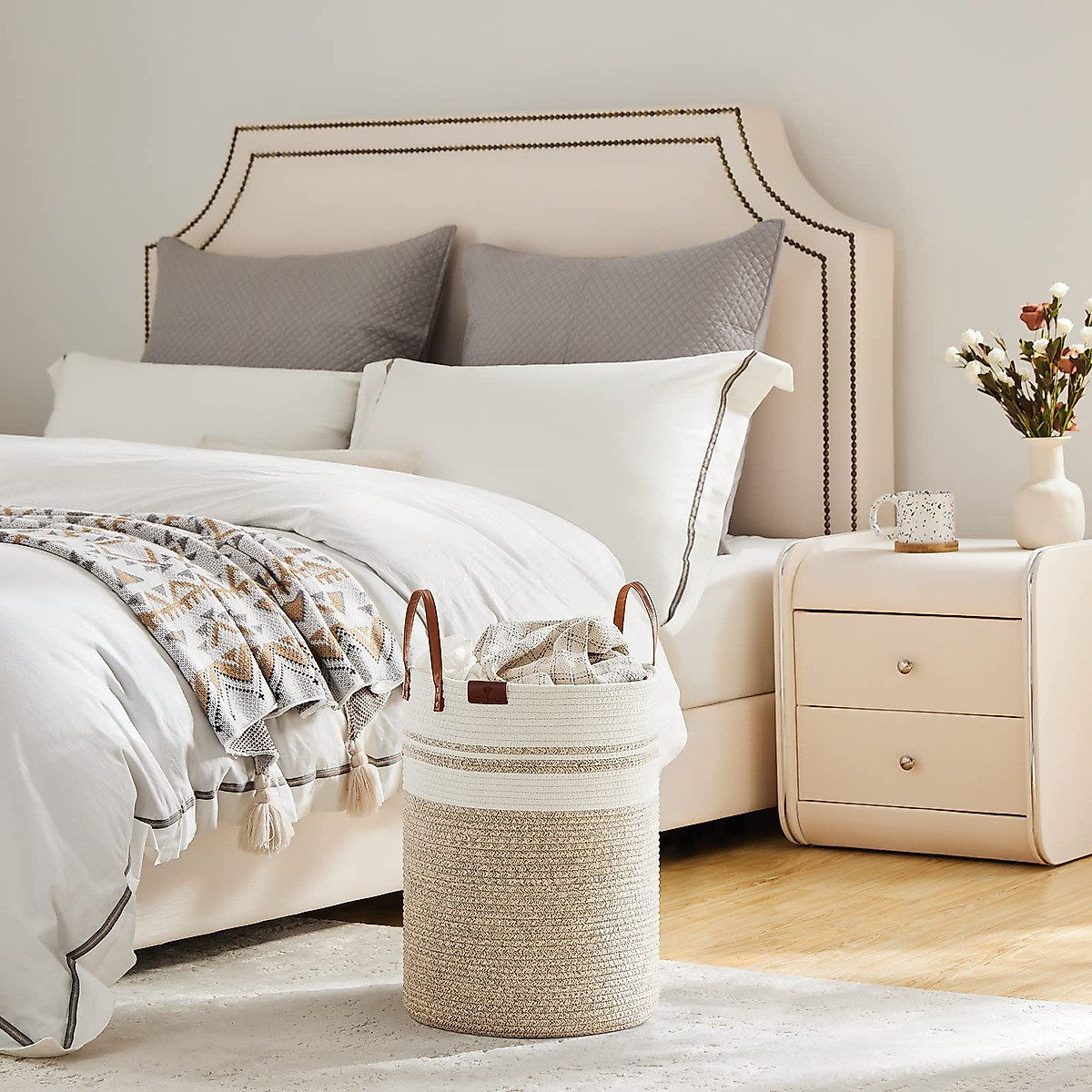 VIPOSCO Small Laundry Basket, Slim Baby Hamper with Leather Handle, Cute Woven Rope Storage Basket for Blanket, Kids Toy, Clothes In Living Room, Bathroom, Bedroom, Nursery Room - 30L Brown & White