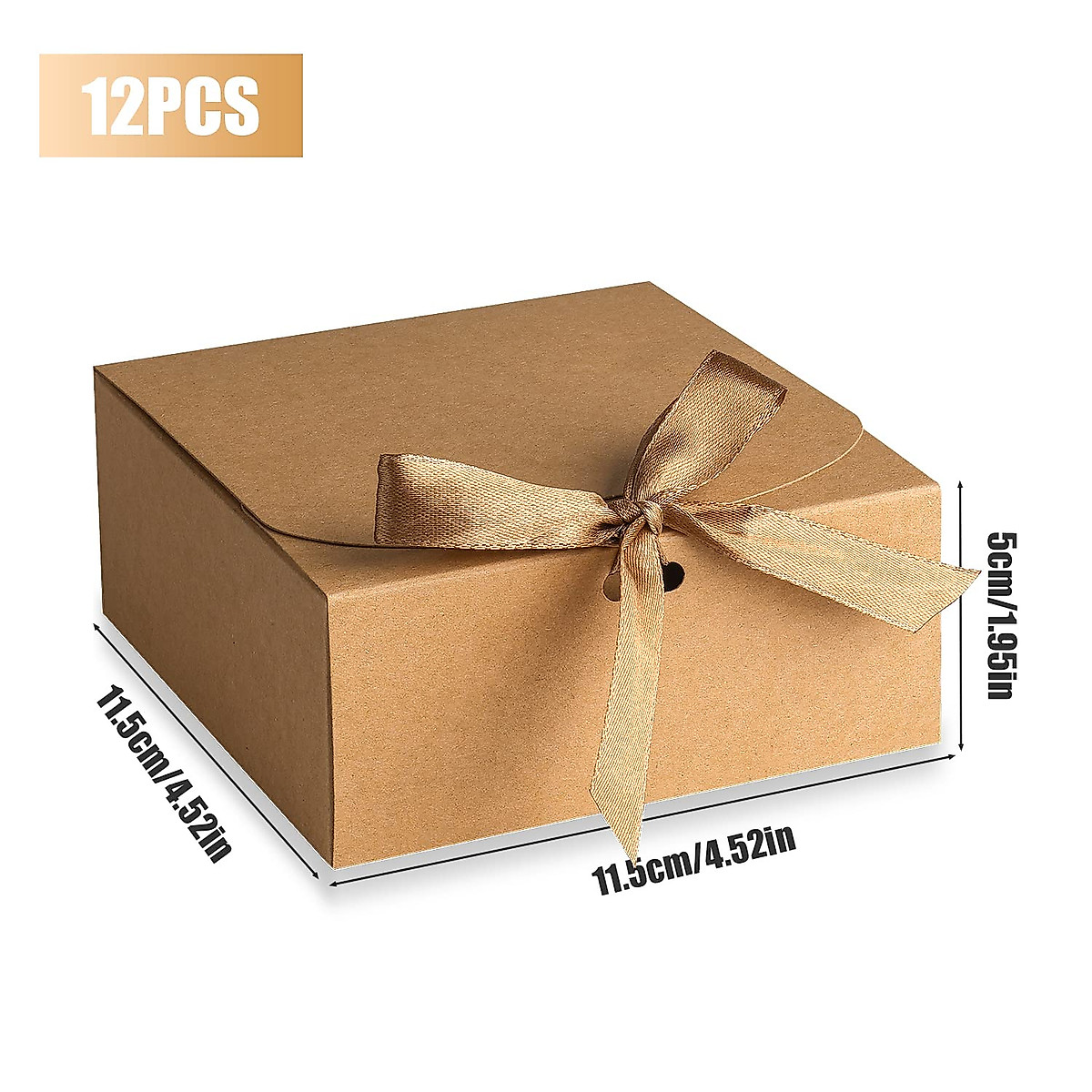 AIEX 12 Pcs Gift Boxes with Lids, 4.5" x4.5"x2" Present Boxes Square Gift Box with Champagne Wrap Ribbons, Gift Wrap Boxes for Birthday Wedding Party Christmas Chocolate Candy (Brown)