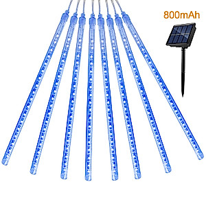 Christmas Decorations, Outdoor Solar Christmas Lights, 12 inch 8 Tube 144 LED IP65 Waterproof Falling Meteor Shower Rain Lights for Holiday Xmas Wedding Party Garden Home Patio Yard Tree Decor (Blue)