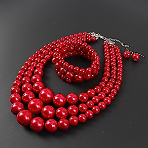 KOSMOS-LI Large Pearl Jewelry Set 3 Layer Simulated Red Pearl Women's Statement 18" Necklace Bracelet and Earrings