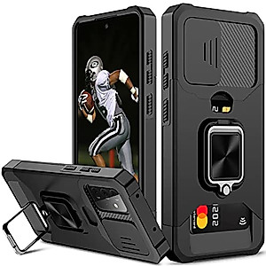 Nvollnoe for Samsung A52 Case with Sliding Camera Cover Heavy Duty Protective Galaxy A52 Case with Card Holder Magnetic Rotate Ring Kickstand Phone Case for Samsung A52 5G/4G(Black)