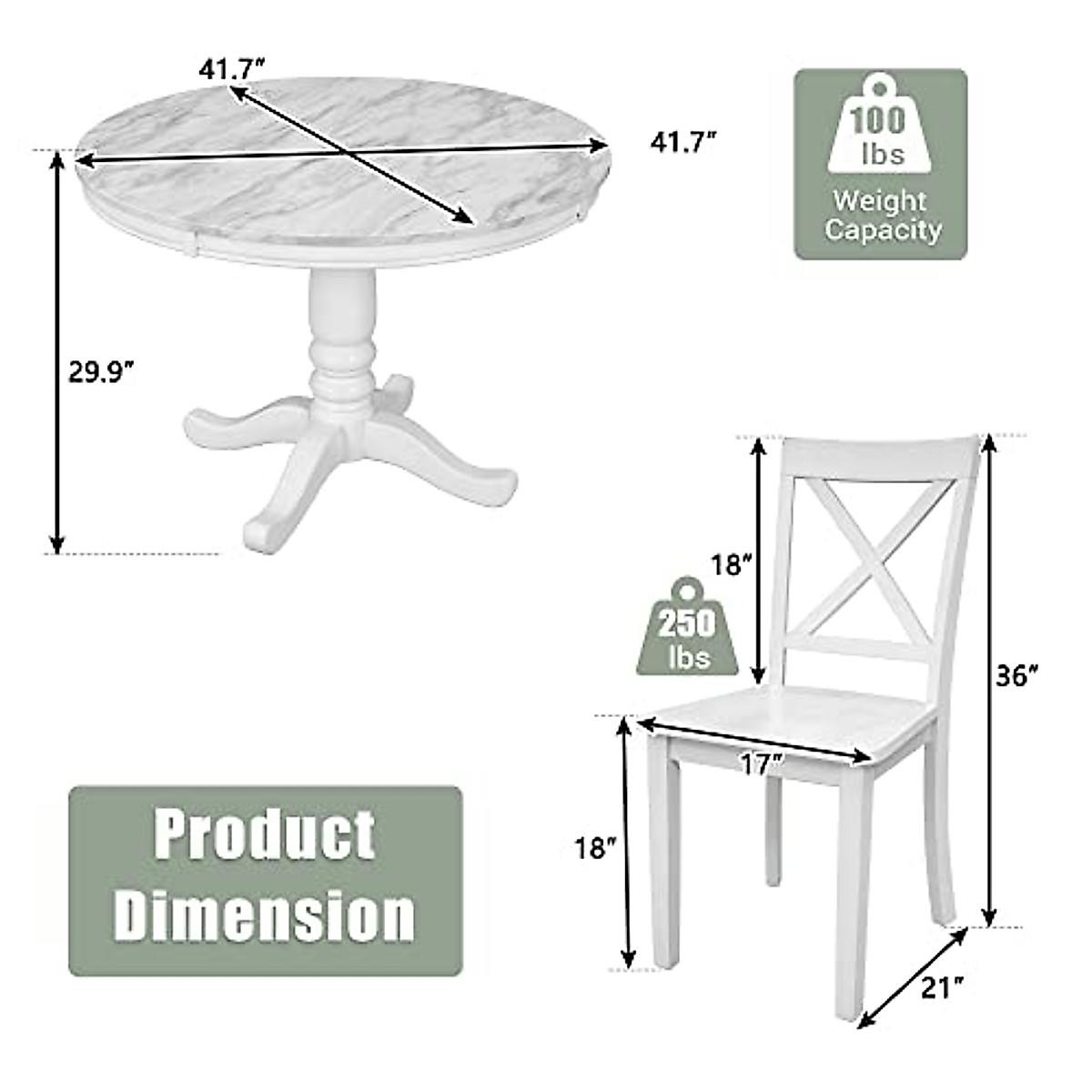 RUNWON 5-Piece Set Marble Top Round Dining Table and X Back Wood 4 Chairs for Kitchen Family, White