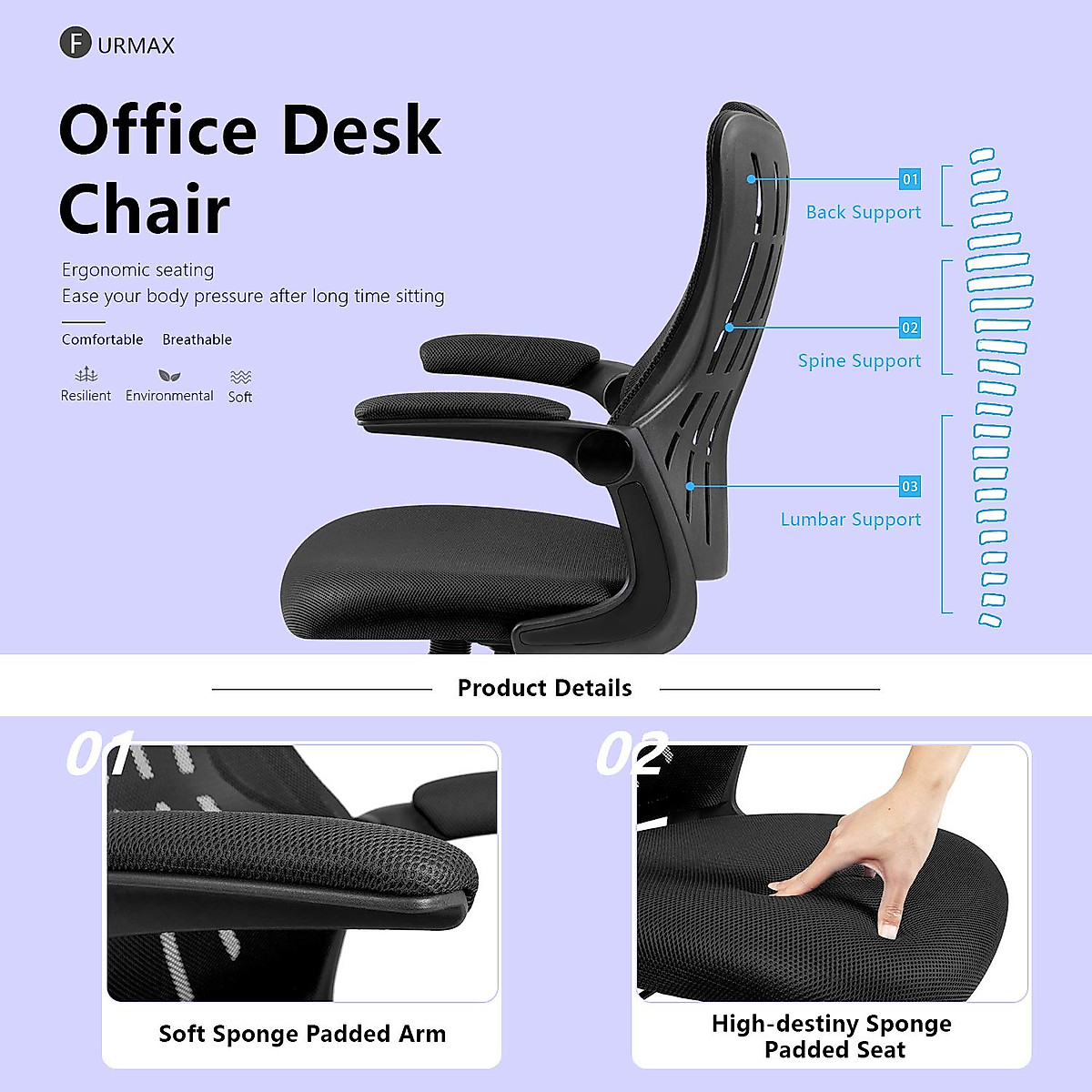 Furmax Office Desk Chair with Flip Up Arms, Mesh Mid Back Computer Chair Swivel Task Chair with Ergonomic Lumbar Support (Black)