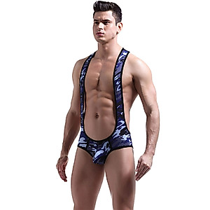 Men's Sexy Jockstrap Leotard Underwear Stretch Wrestling Singlet Bodysuit Suspender Jumpsuit Swimsuit Mankini (Blue,Small)