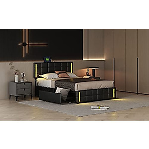 Anwickhomk Queen Size Upholstered Platform Bed Luxurious Bed Frame with LED Light 4 Drawers and 2 USB Charging Ports Adjustable Leather Headboard Storage Furniture for Kids Teen Adult Bedroom (Black)