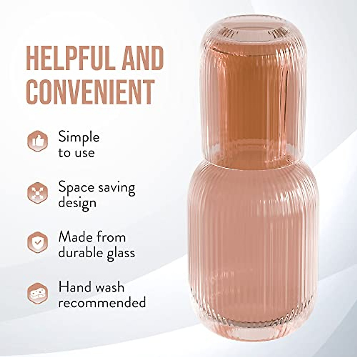 American Atelier Bedside Water Carafe with Tumbler | 28-Ounce Pitcher and Matching Drinking Glass | Use Cup as a Lid for Carafe | For Guest Room, Nightstand, Office, or Gift (Blush)