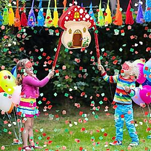 Mushroom Piñata with Stick and Blindfold Fairy Piñata 3D Mushroom Shaped Piñata for Kids Birthday Party Mushroom Hanging Decoration Piñata for Forest Jungle Woodland Baby Shower Party Supplies