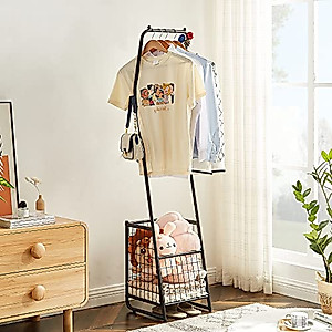 VECELO Metal Coat Rack Stand with Anti-Drop Design, Space Saving Hall Trees with Steel Basket,Small Garment Organizer with 2 Handy Cloth Rails and Slipper Space, Rectangle, Rustic Brown