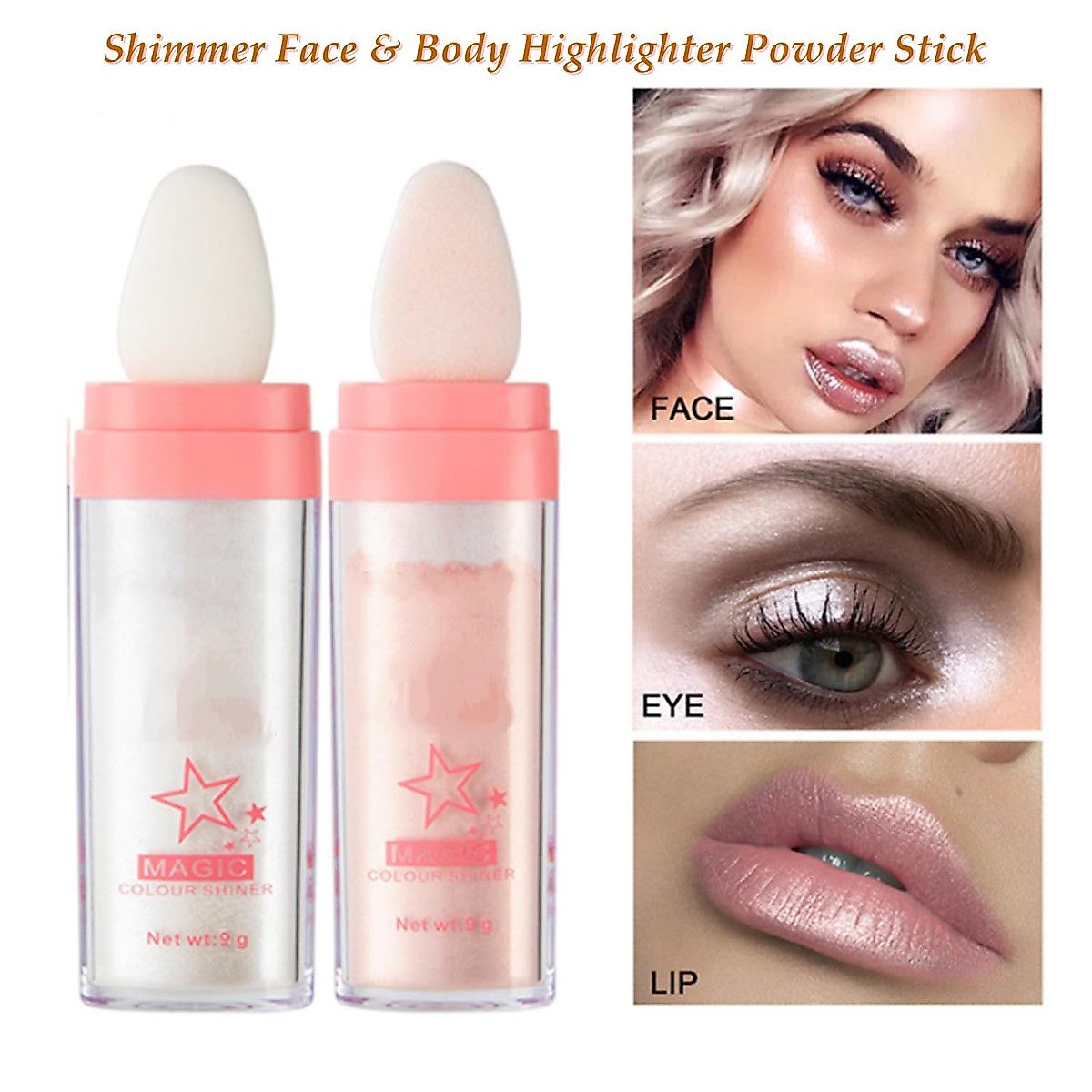 3PC Shimmer Face and Body Highlighter Powder Stick Makeup,Natural Three-dimensional Face Powder Blusher,High Gloss Fairy Glitter Sparkle Patting Powder Makeup (White+pink+gold)