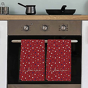 VDLBT 4th of July Kitchen Towels Patriotic Red Blue Stars Independence Day Memorial Day Dishcloth Fingertip Hand Towel America Soft Tea Towel Set of 2