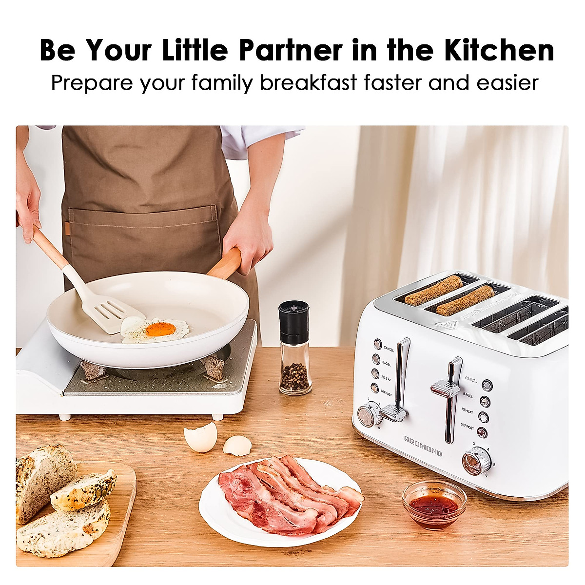 REDMOND Toaster 4 Slice, Retro Stainless Steel Toaster with Extra Wide Slots Bagel, Defrost, Reheat Function, Dual Independent Control Panel, Removable Crumb Tray, 6 Shade Settings and High Lift Lever, White, New Version