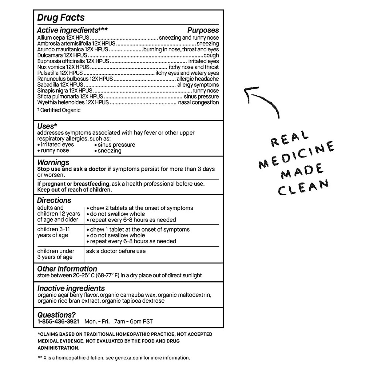 Genexa Allergy Care for Adults | Non-Drowsy, Allergy & Decongestant Relief | Delicious Organic Acai Berry Flavor | Homeopathic Remedy Made Clean | 60 Chewable Tablets