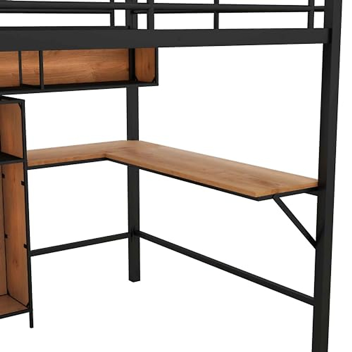 ATY Full Size Loft Bed with Wooden L-Shaped Desk and Small Storage Cabinet, Sturdy Metal Bedframe w/Shelves & Ladder, Save Space Design, for Kids Bedroom, Drom, No Spring Need Required, Black