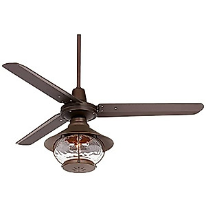 Casa Vieja 52" Plaza DC Modern Industrial 3 Blade Indoor Outdoor Ceiling Fan with LED Light Remote Control Oil Rubbed Bronze Clear Hammered Glass Lantern Damp Rated Patio Exterior House