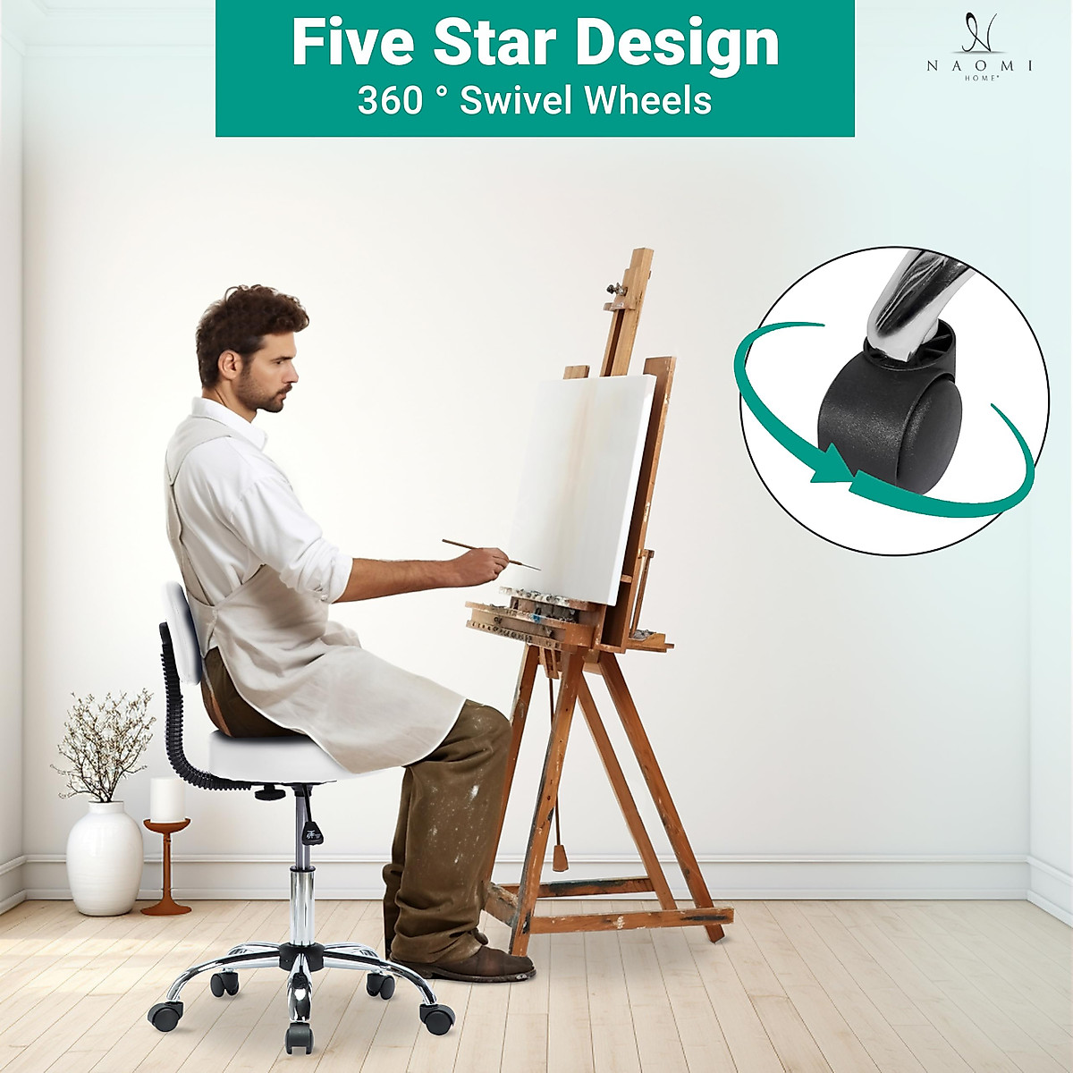 Naomi Home Mara Adjustable Stool with Wheels and Backrest, Office Rolling Stools with Wheels, PU Leather Drafting Stools,Swivel Stool with Back Rest, Small Rolling Chair, White