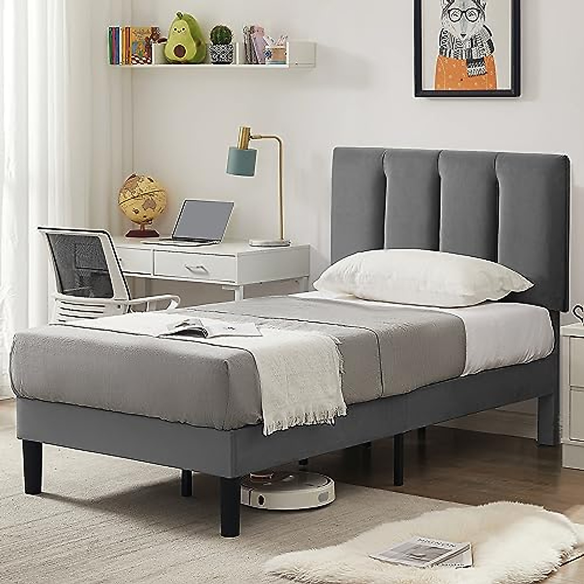 VECELO Twin Bed Frame with Upholstered Headboard, Platform Mattress Foundation with Strong Wooden Slats Support, No Boxing Spring Needed, Easy Assembly, Grey