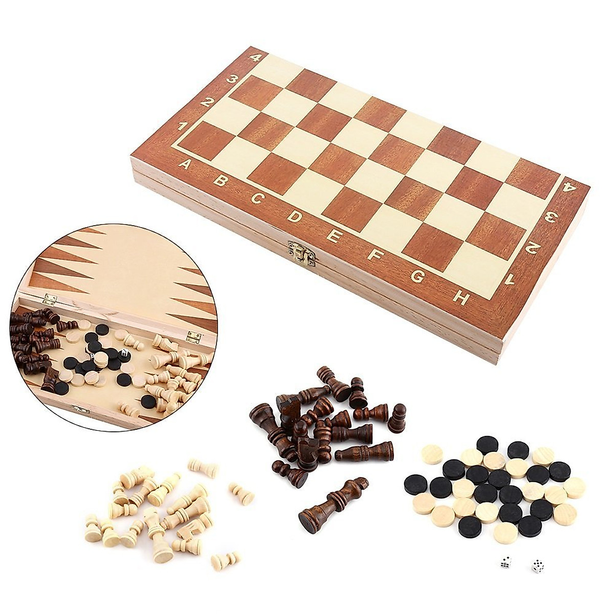 Thur amo Folding Wooden Chess Set with Storage Box 3 in 1 International Board Chess Checkers 34 x 34 cm