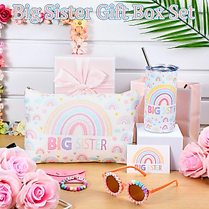 Havawish 7 Pcs Big Sister Gift 14oz Pink Sister Cup Vacuum Insulated Tumbler with Straw and Brush Big Sister Bracelet Party Sunglasses Makeup Bag Gift Box Envelope Greeting Card for Wedding Party