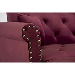 ATY Sectional Convertible Futon Sofa Bed, L-Shaped Couch with 2 Pillows and Reversible Chaise Lounge, Velvet Nailhead Decor Livingroom Furniture, 115", Red
