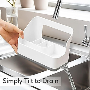Kitchen Sink Caddy Dish Brush Sponge Holder with Divider and Removable Drain Pan for Brushes Dishcloth Scrubber Accessories, Dishes Caddies Organizer Storage with Drainer Drip Tray for Countertop