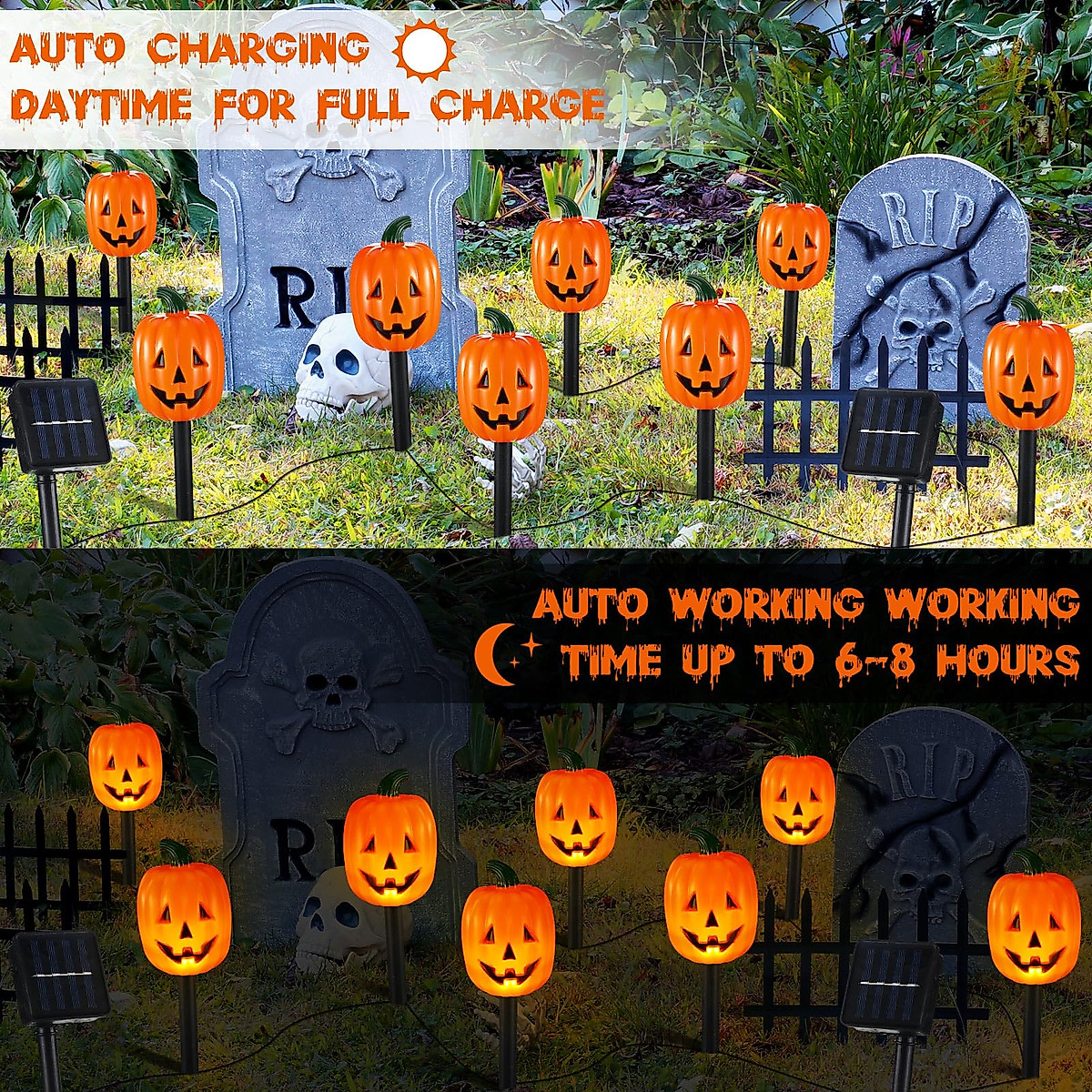 Retisee 10 Pcs Halloween Pumpkin Pathway Markers Lights Solar Powered Pathway String Lights Light up Jack O Lantern Pumpkin Garden Stakes for Yard Lawn Tree Patio Walkway Driveway Party Decor