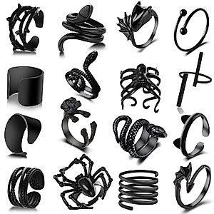 16 PCS Y2K Open Black Vintage Golden Punk Rings for Women Girls Mens Cat Snake Bat Devil Wing Dog Spider Rose Adjustable Retro Cool Ring Claw Skull Gothic Rings Jewelry