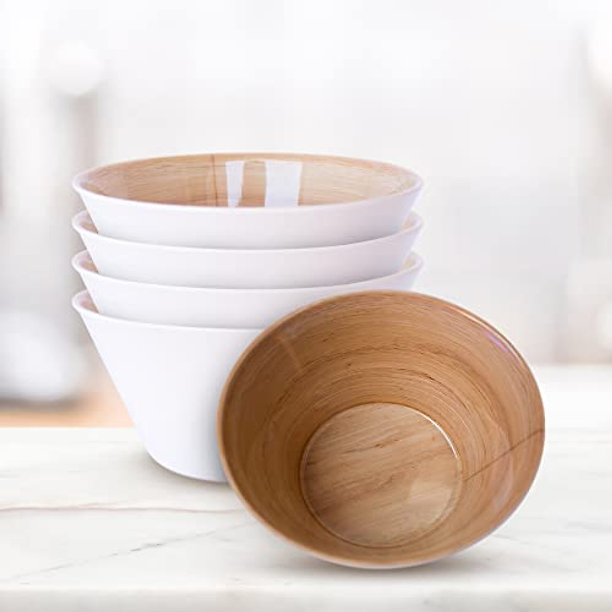 Consistently Creative 6-inch Melamine Bowl, 6 Bowl Set in Cream with Wood, Break Resistant Melamine Bowl