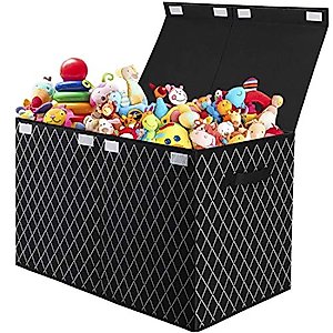 Toy Chest Box Organizer Bins for Boys Girls, Kids Large Collapsible Storage Box Container Sturdy with Fabric Flip-Top Lid & Handles for Clothes,Blanket,Nursery,Playroom,Bedroom,Stuffed Animals 24.5x13x16 (Black)