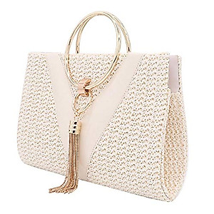 Straw Handbag Evening Bag Clutch Purses for Women,Elegant Summer Beach Tote Tassels Straw Top Handle Clutch with Chain (White)