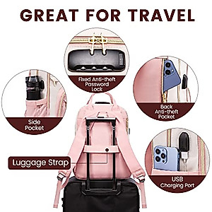 LOVEVOOK Laptop Backpack Women, Fits 15.6 Inch Laptop Bag, Fashion Travel Work Anti-theft Bag with Lock, Business Computer Waterproof Backpack Purse, University Backpacks, Beige-Pink-Pink