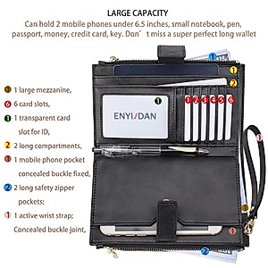 ENYISDAN Women Wristlet Clutch Wallet Long RFID Blocking Leather Wallet Multi Card Zipper Wallet with Credit Card Case Zipper Pocket Holder (black background/gray and white letters)