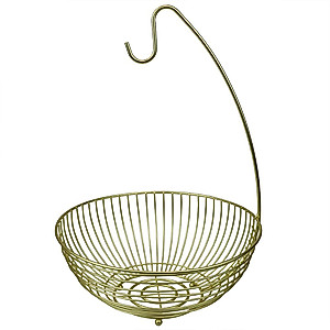 Home Basics Halo Steel Fruit Basket with Banana Hanger, Gold, 11" x 11" x 16"