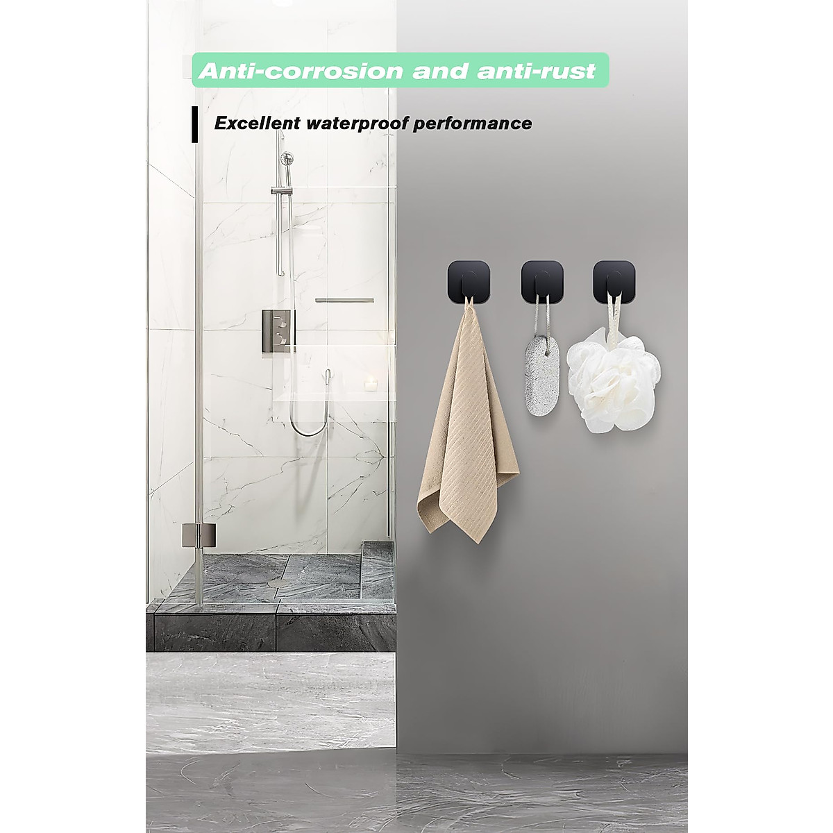 Aikzik Adhesive Hooks - 4 Pack Towel Wall Hooks for Bathrooms, Stainless Steel Waterproof Shower Sticky Hooks for Hanging, Matte Black