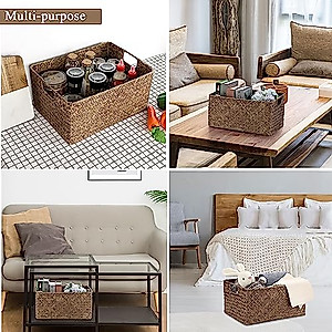 Hipiwe Seagrass Storage Opened Baskets Bin for Shelf Organizing Handwoven Wicker Baskets Rectangular Decorative Basket Closet Bedroom Organizer Bin Box Multipurpose Storage Basket with Handle