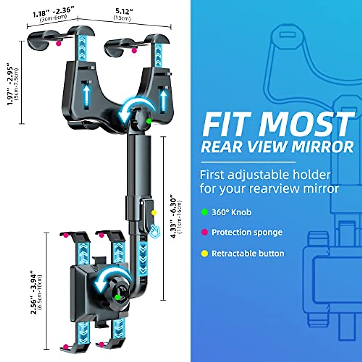 2022 Rotatable and Retractable Car Phone Holder-2Pack, Multifunctional Adjustable Car Phone Mount, 360° Rotation Adjustment, Hands-Free Rear View Mirror Car Mount Size H:1.97-2.95", T:1.18-2.36"