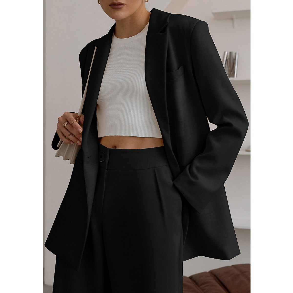 PRETTYGARDEN Women's Fall Two Piece Outfits Dressy Blazer Jacket and Wide Leg Pants Pockets Business Casual Office Suit Sets (Black,Small)