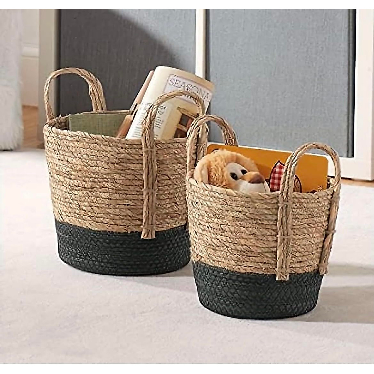 Generic Set of 2 Jute Cylinder Baskets with Handles, 12 x 12 and 8 x 8 inches, Beige and Black, 78654