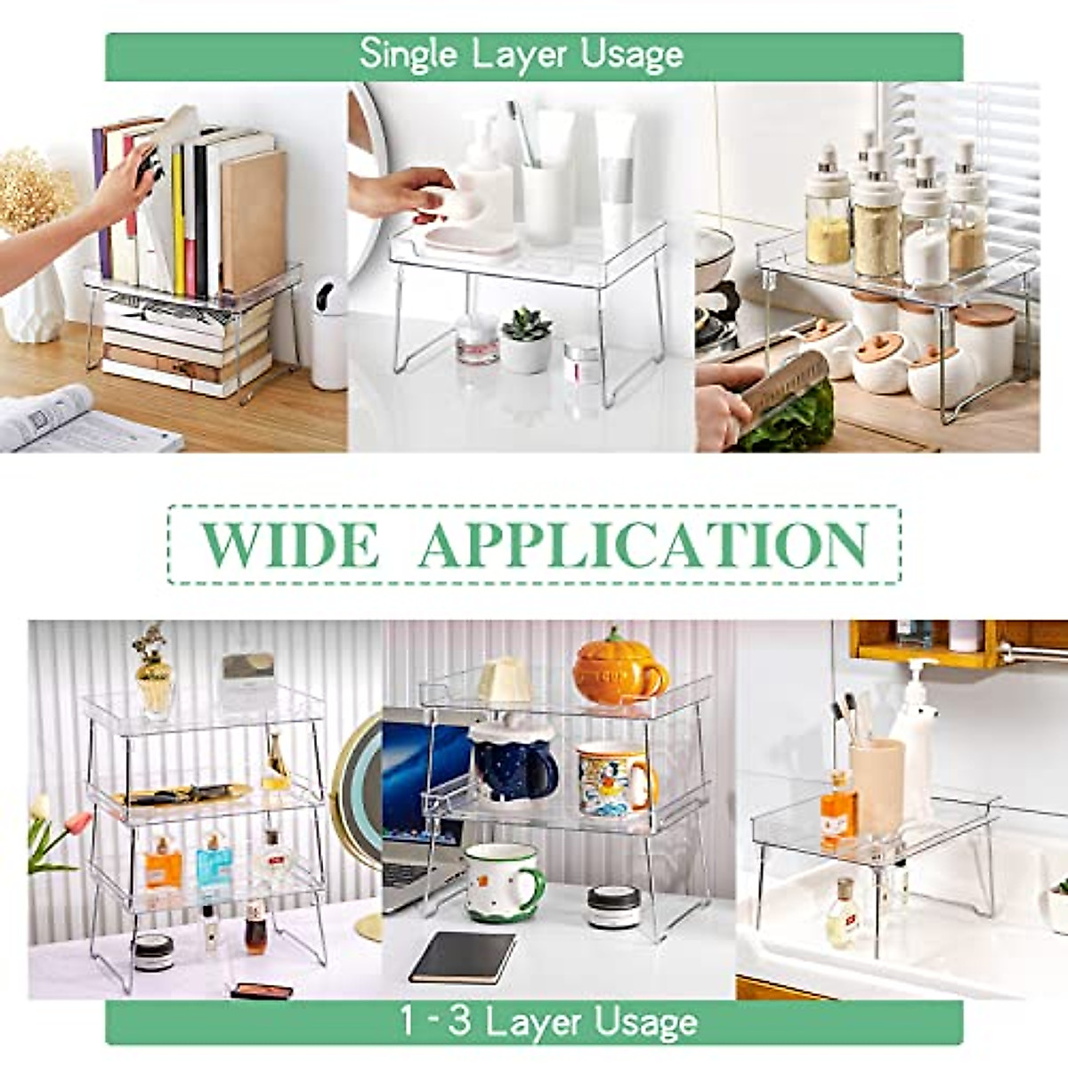 3 Packs Acrylic Cabinet Storage Shelf Organizers, LASZOLA Clear Plastic Kitchen Counter Cabinet Shelves Stand with Stainless Steel Metal Leg for Pantry Countertops Bathroom - Stackable & Foldable