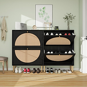 Yoluckea Rattan Shoe Cabinet with 2 Flip Drawers for Entryway Modern Wooden Shoe Rack Shoe Storage Cabinet Free Standing Shoe Rack for Heels Slippers for Entryway Hallway Bedroom Small Space (Black)