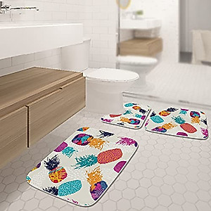 Kntiline Pineapple Bathroom Rugs and Mess Colorful Graffiti Mats Sets 3 Piece, Velvet Memory Foam Tropical Fruit Theme Bath Mat, Large Small and U-Shaped Contour Shower Mat Non-Slip Washable
