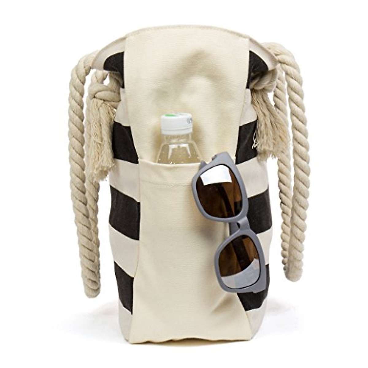 Malirona Large Beach Travel Tote Bag Canvas Shoulder Bag with Cotton Rope Handle (Black Stripes)
