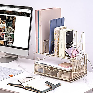 ROCDEER Gold File Desk Organizer with Drawer and File Folder Sorter, Desktop Paper Organizer for Desk Countertop Cabinet Office supplies