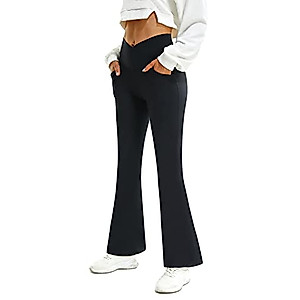 FireSwan Womens Crossover Flare Leggings with Pockets Bootcut High Waisted Yoga Pants Tummy Control Gym Workout Work Pants Black
