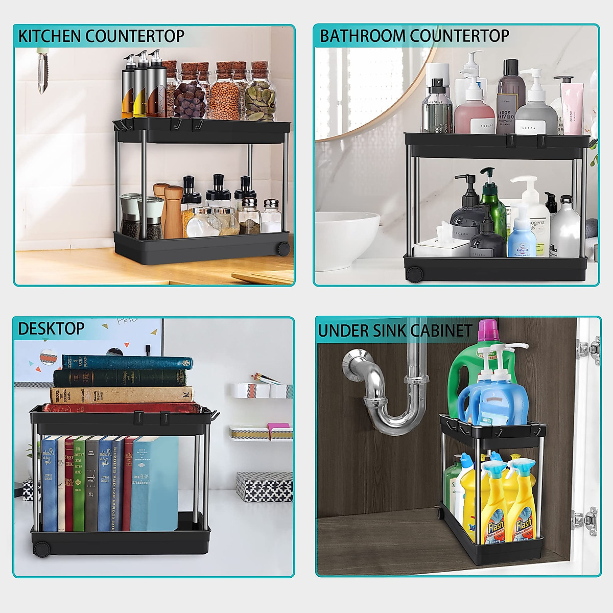 Durmmur [Upgrade Wheels] Under Sink Organizers and Storage, Slide Out Multi-Purpose 2 Tier Bathroom Organization Countertop or Undersink Shelf, Kitchen Under Cabinet Container Basket Caddy with Hooks