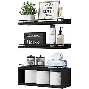 WOPITUES Floating Shelves with Extra Cube Shelf, Shelves for Wall Decor with Gold Metal Rail, Wall Shelves for Bedroom, Bathroom, Kitchen, Living Room, Plants, Pictures, Toilet Paper- Modern Black