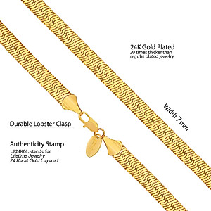 LIFETIME JEWELRY 7mm Flexible Herringbone Chain Necklace 24k Real Gold Plated (20 inches, Gold)