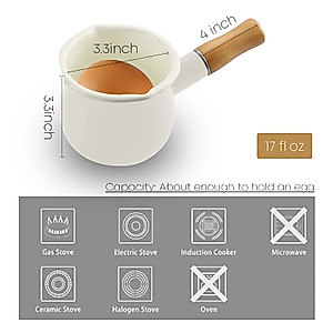 FARCADY 0.6qt Mini Enamel Milk Pot Insulated Wooden Handle 2 Pour Spouts Small Food Warmer Cute Saucepan(D015,White)