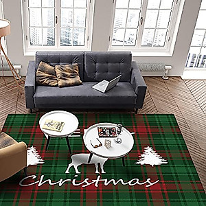Area Rug Absorbent Non-Slip Rectangle Rug Merry Christmas Elk and Christmas Tree Red and Green Plaid Rugs for Living Room Bedroom Kitchen Entryway, Soft Floor Mat Indoor Carpet Accent Rugs 2x3 Feet